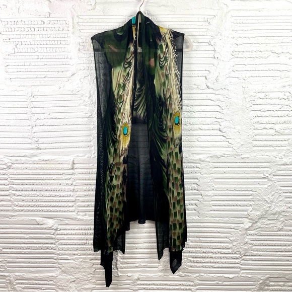 Adore | Tops | Adore Open Front Vest Sheer Viscose Black W Peacock Print Long Drapey Hem M ...